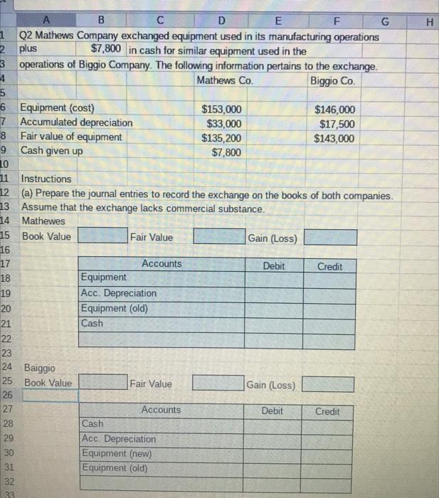 Solved 1 H 1 B с D E F G Q2 Mathews Company exchanged | Chegg.com