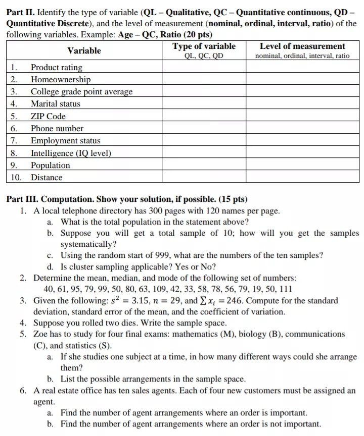 Part II. Identify the type of variable (QL - | Chegg.com