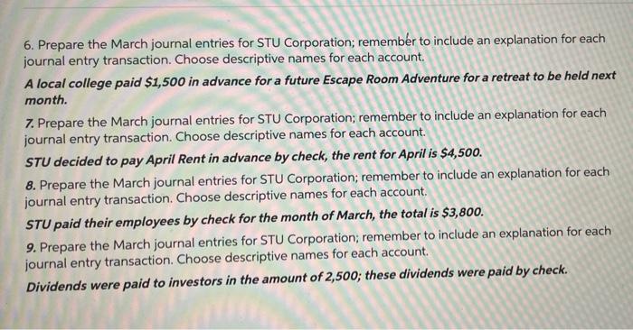 Solved 6. Prepare the March journal entries for STU | Chegg.com