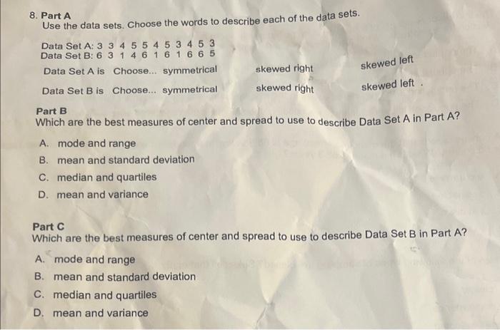 Solved 8. Part A Use the data sets. Choose the words to | Chegg.com