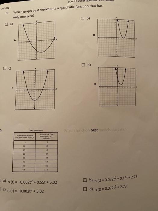 Solved 8. STAAR Function Which graph best represents a | Chegg.com