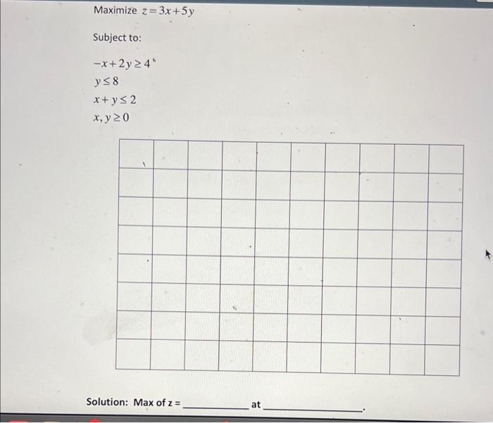 Solved Maximize Z 3x 5y Subject To −x 2y≥4y≤8x Y≤2x Y≥0