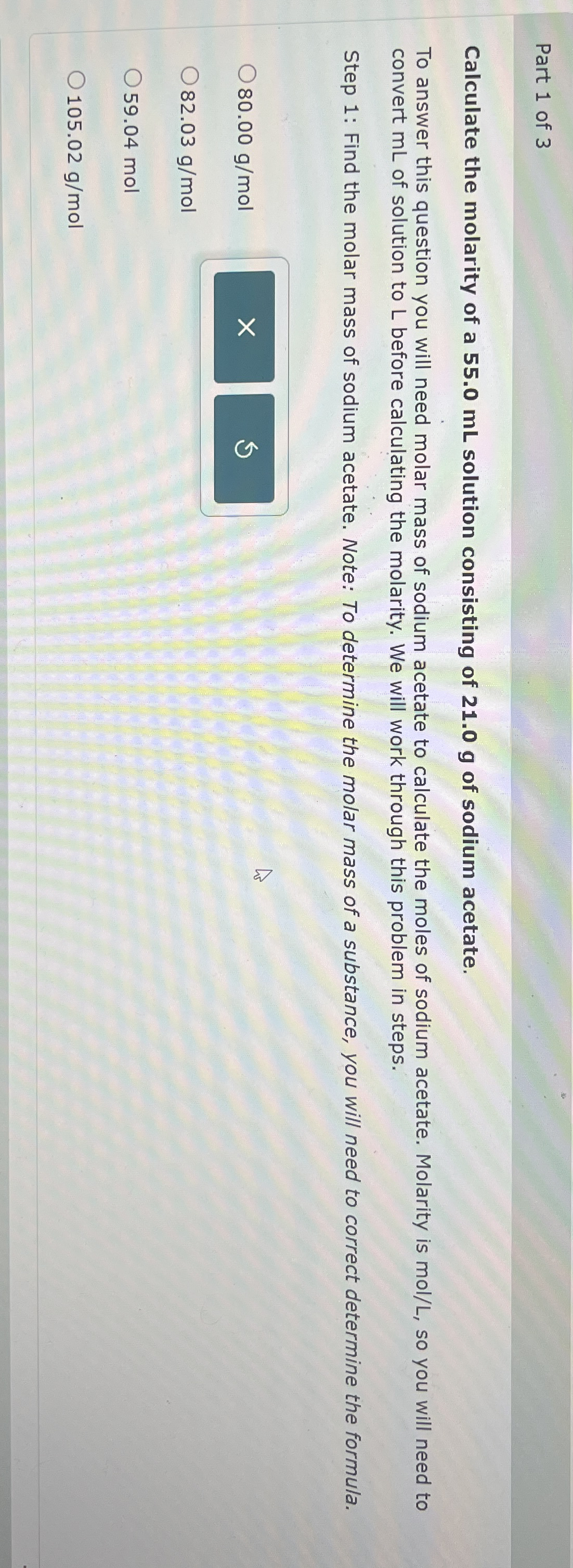 Solved Part 1 ﻿of 3Calculate the molarity of a 55.0 ﻿mL | Chegg.com