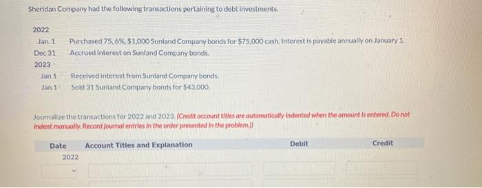 Solved Sheridan Company had the following transactions | Chegg.com