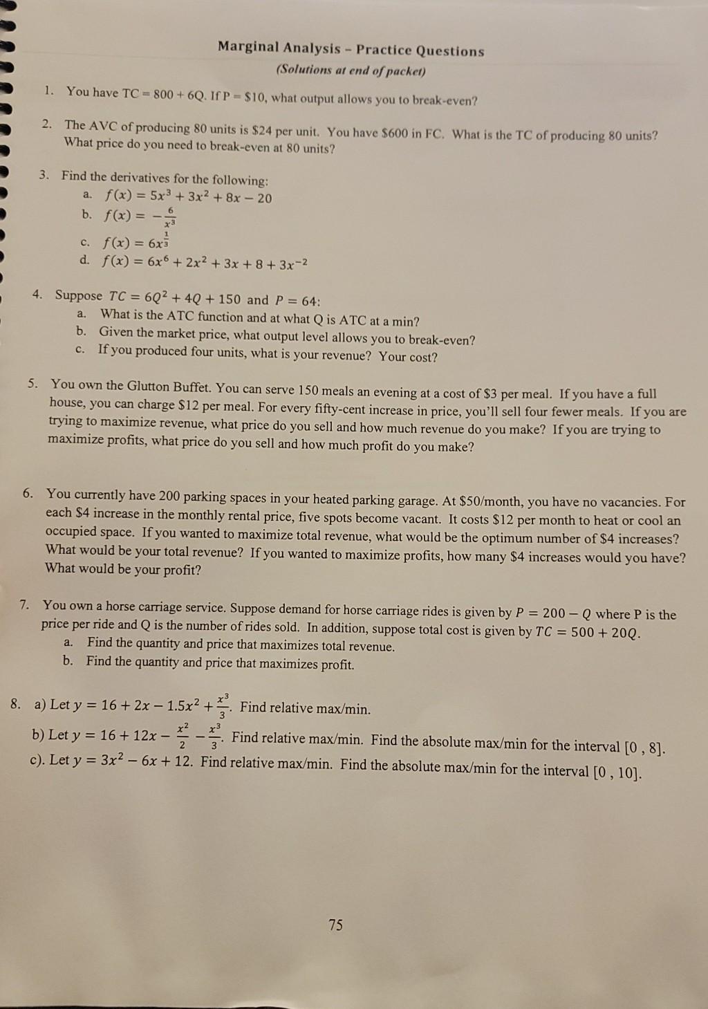 Solved Marginal Analysis - Practice Questions (Solutions at | Chegg.com