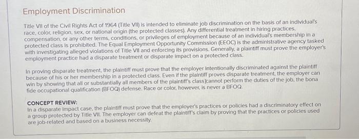 Solved Employment Discrimination Title VII of the Civil | Chegg.com