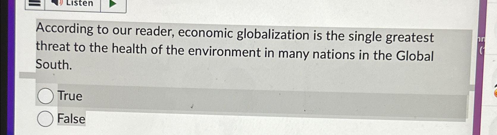 Solved According to our reader, economic globalization is | Chegg.com