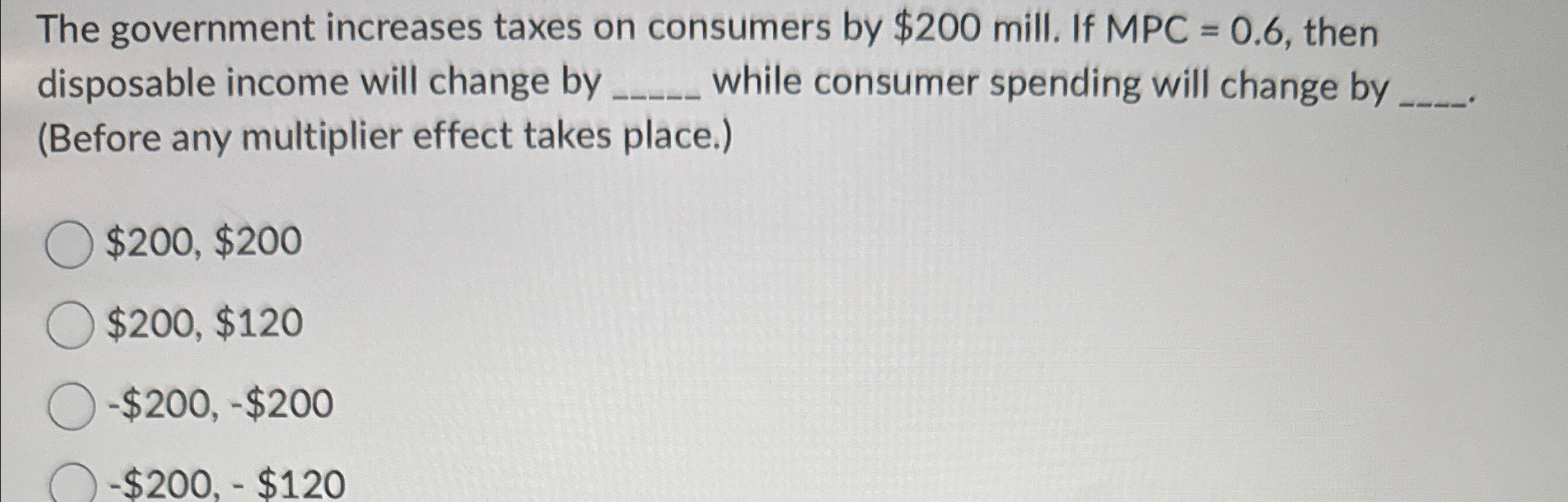 Solved The government increases taxes on consumers by $200 | Chegg.com