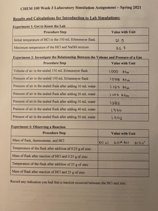 CHEM 100 Week 3 Laboratory Simulation Assignment - | Chegg.com