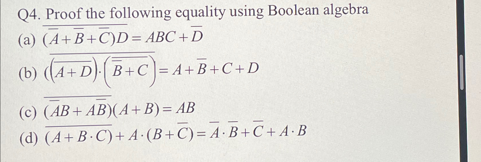 Solved Q4 ﻿proof The Following Equality Using Boolean