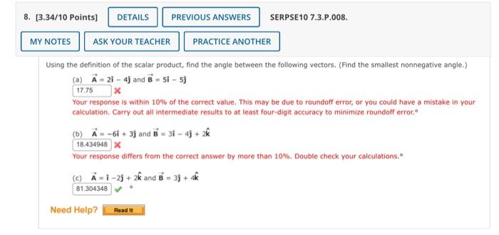 Solved Using the definition of the scalar product, find the | Chegg.com