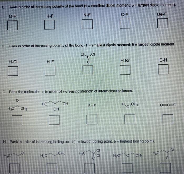 Solved E. Rank in order of increasing polarity of the bond | Chegg.com