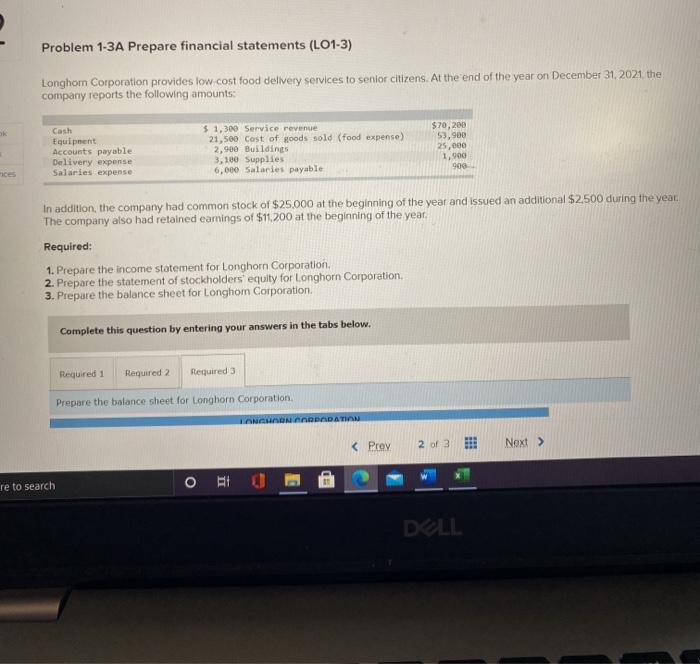 Solved Problem 1-3A Prepare financial statements (L01-3) | Chegg.com