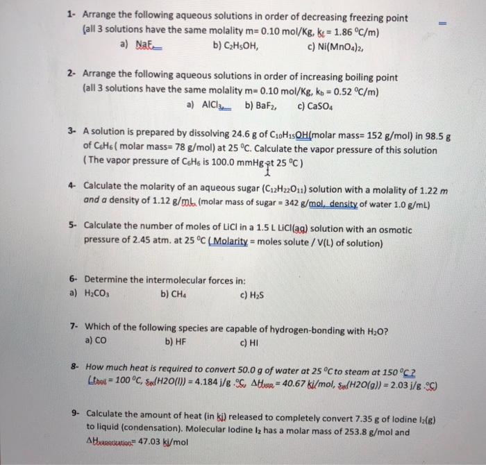 Solved 1. Arrange the following aqueous solutions in order | Chegg.com