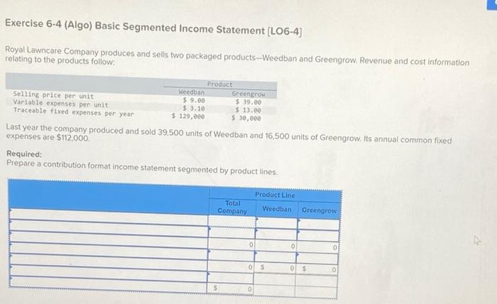 Solved Exercise 6-4 (Algo) Basic Segmented Income Statement | Chegg.com