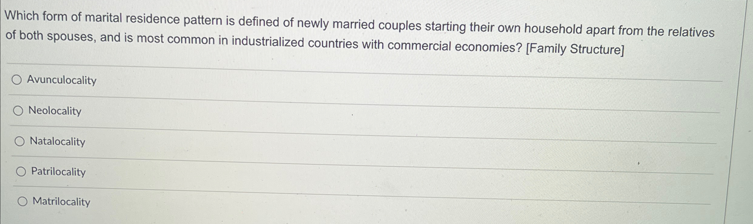 Solved Which form of marital residence pattern is defined of | Chegg.com