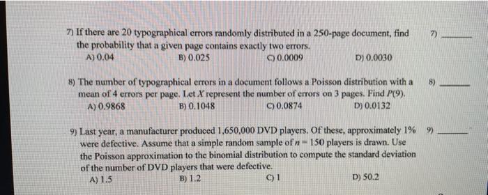 Solved 7) 7) If there are 20 typographical errors randomly | Chegg.com