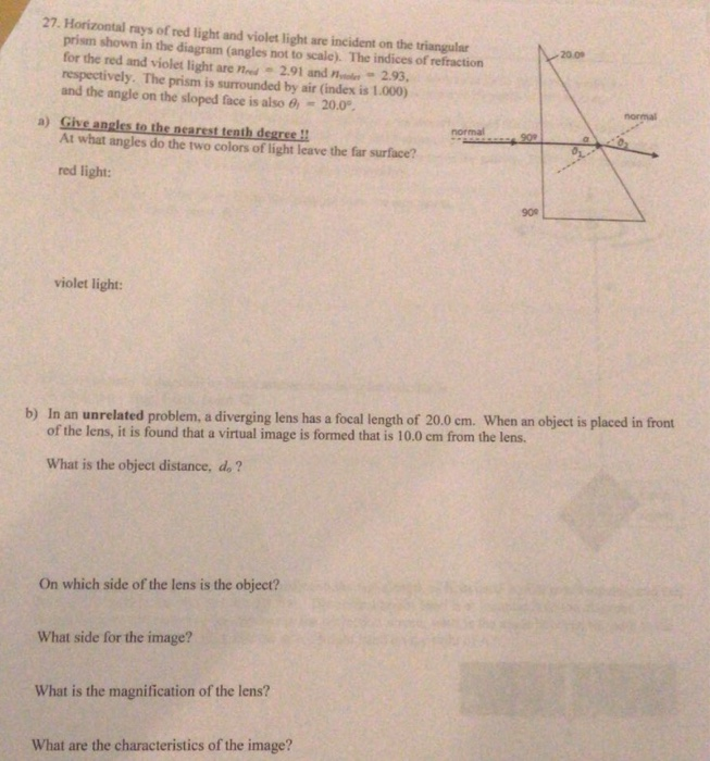 Solved 27. Horizontal rays of red light and violet light are | Chegg.com