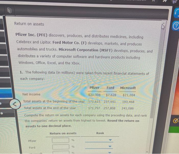 Solved Return on assets O Pfizer Inc. (PFE) discovers, | Chegg.com