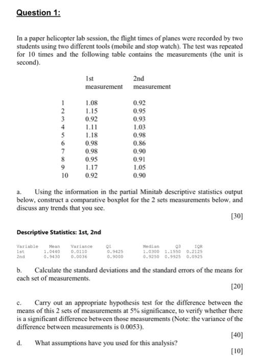 Solved Question 1: In a paper helicopter lab session, the | Chegg.com