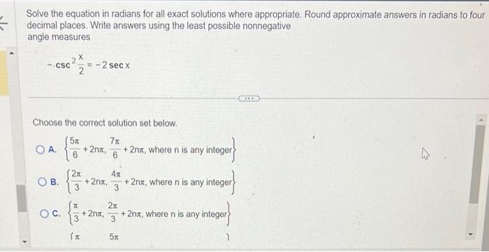 Solved Solve the equation in radians for all exact solutions | Chegg.com
