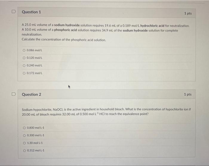 Solved A 25.0 mL volume of a sodium hydroxide solution | Chegg.com