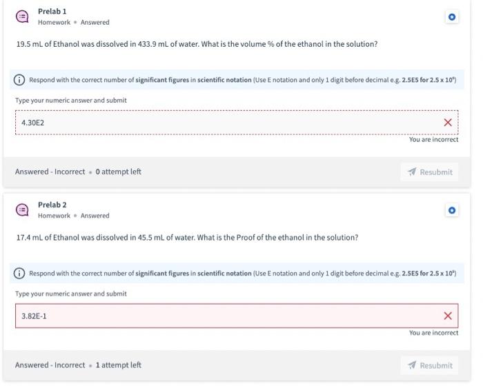 Solved Prelab 1 Homework • Answered 19.5 mL of Ethanol was | Chegg.com