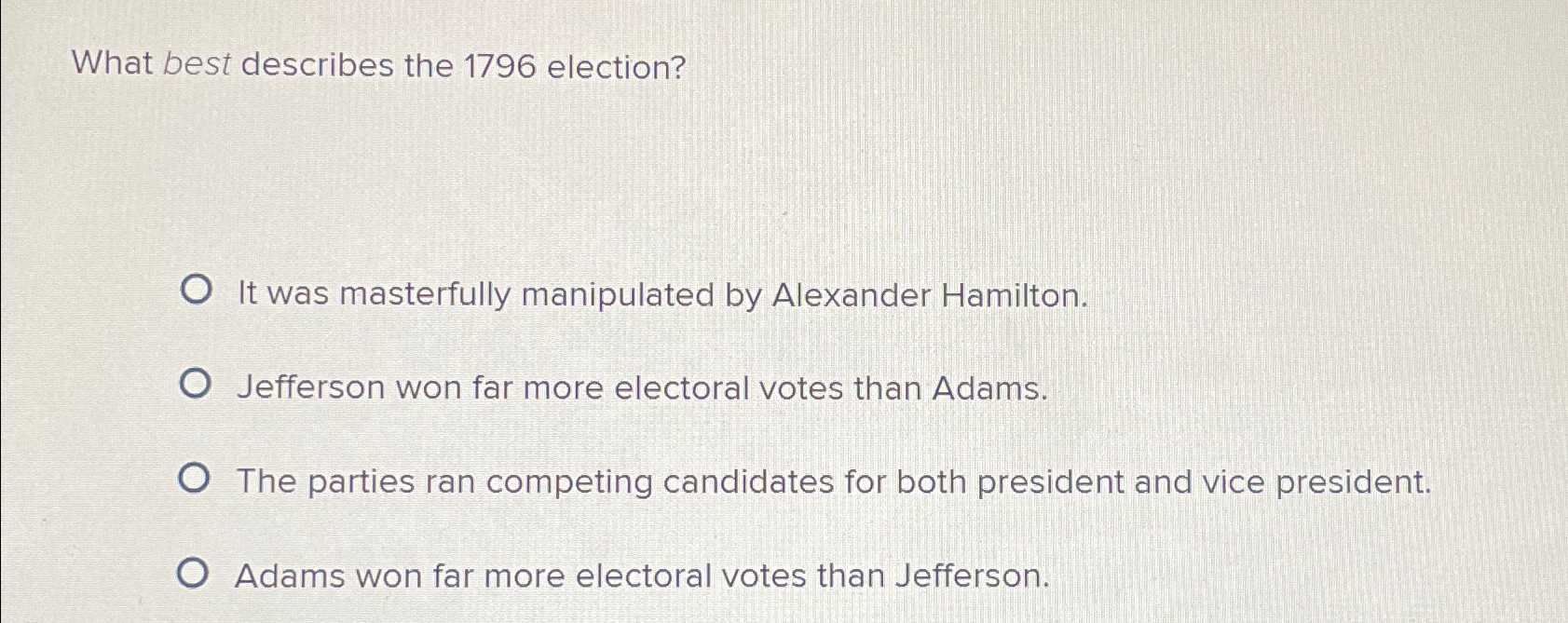 Solved What best describes the 1796 ﻿election?It was | Chegg.com
