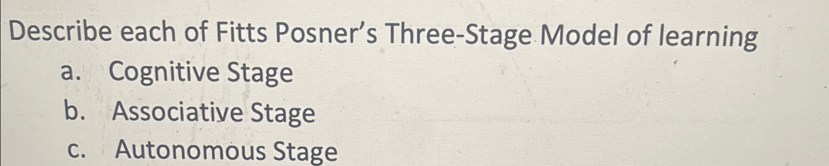 Solved Describe each of Fitts Posner's Three-Stage Model of | Chegg.com