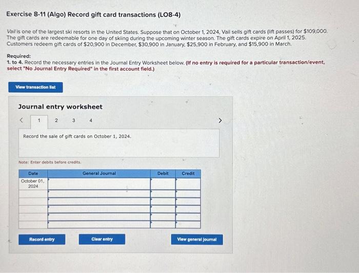 Solved Exercise 8-11 (Algo) Record gift card transactions | Chegg.com
