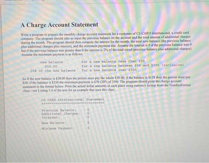 Solved A Charge Account Statement Write a program to prepare | Chegg.com