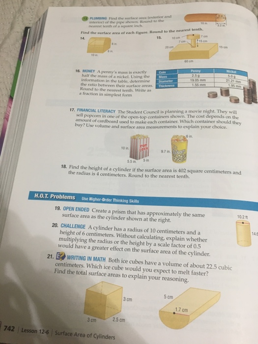 Solved PLUMBING Find the surface area exterior and interior | Chegg.com