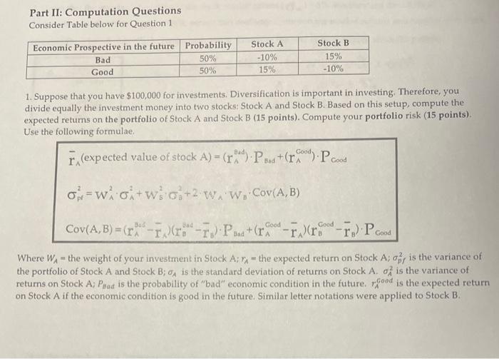 Solved Part II: Computation Questions Consider Table below | Chegg.com