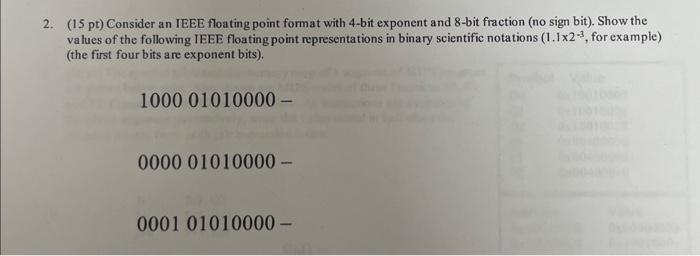 Solved 2. (15 pt) Consider an IEEE floating point format | Chegg.com