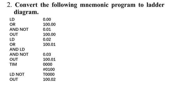 Solved 2. Convert the following mnemonic program to ladder | Chegg.com