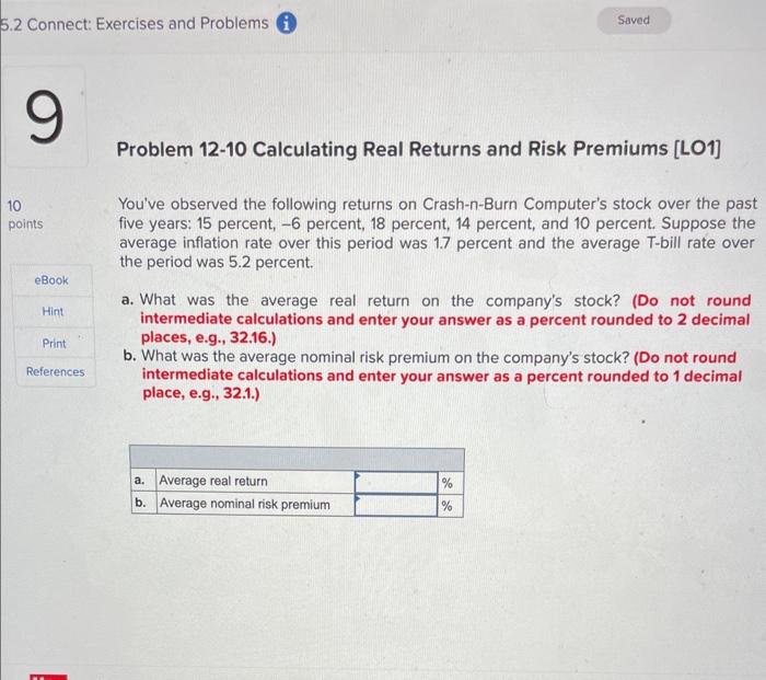 Solved Problem 12-10 Calculating Real Returns and Risk | Chegg.com