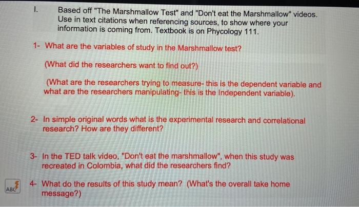 1. Based off "The Marshmallow Test" and "Don't eat | Chegg.com