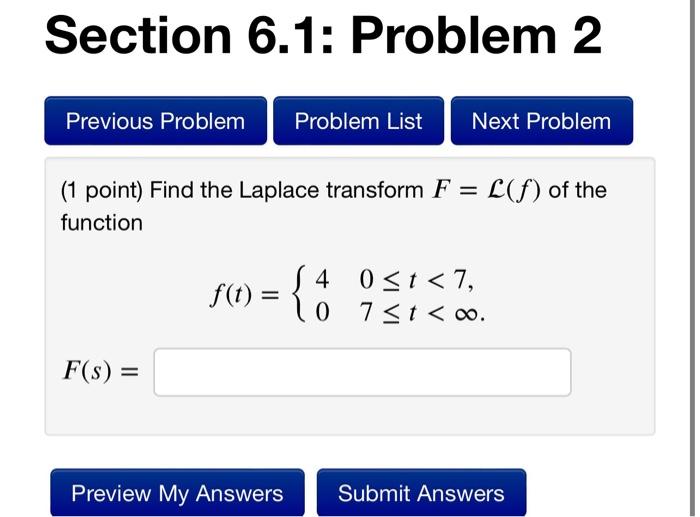 Solved (1 point) Find the Laplace transform F=L(f) of the | Chegg.com