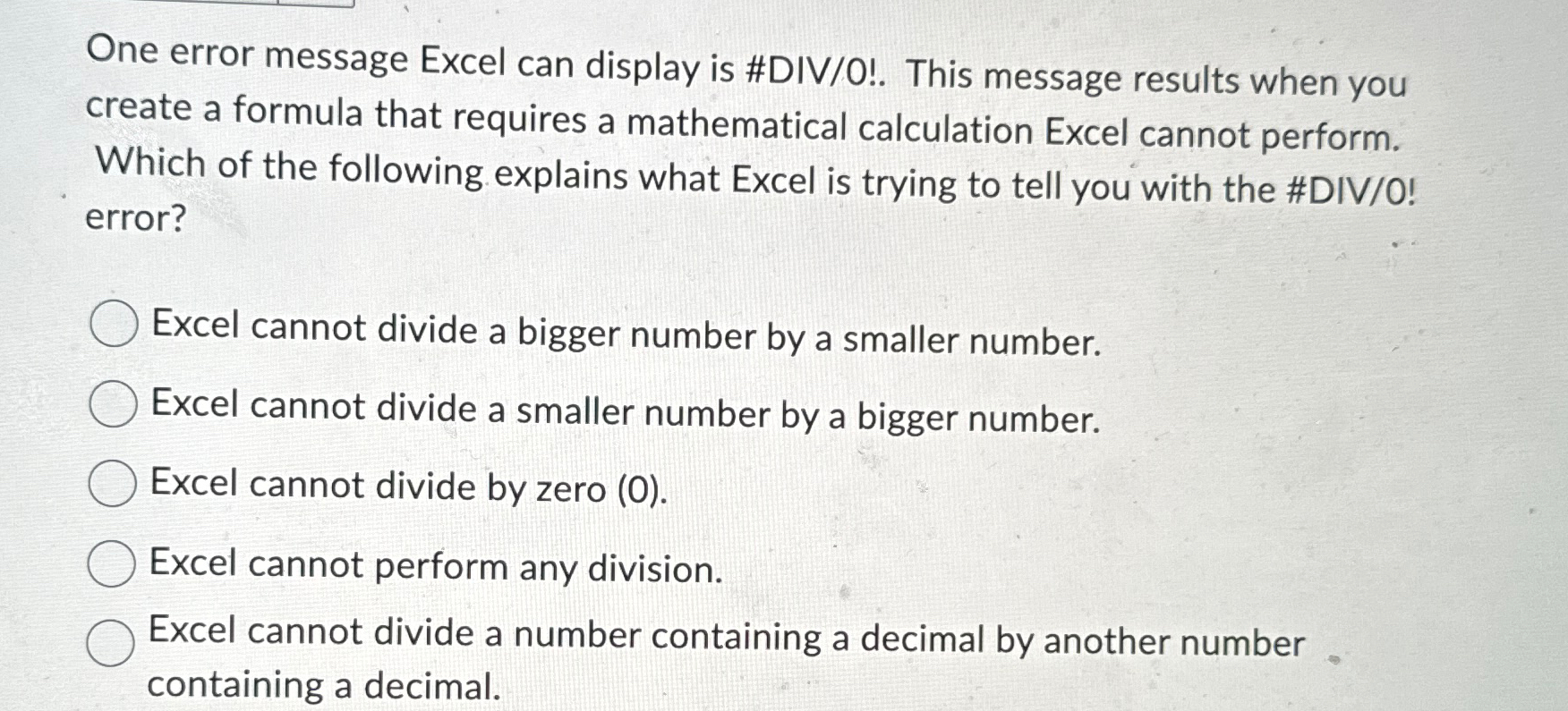 Solved One error message Excel can display is #DIV/O!. ﻿This | Chegg.com