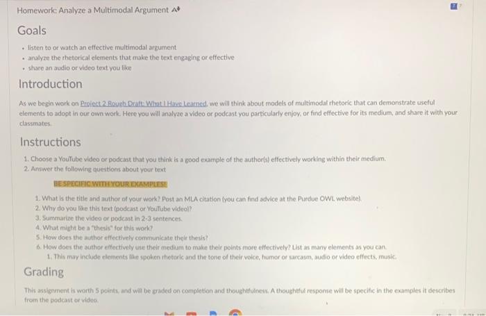 Goals - listen to or watch an effective multimodal | Chegg.com