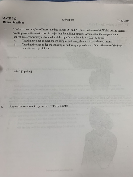 MATH 125 Bonus Questions Worksheet 4-29-2019 You have | Chegg.com