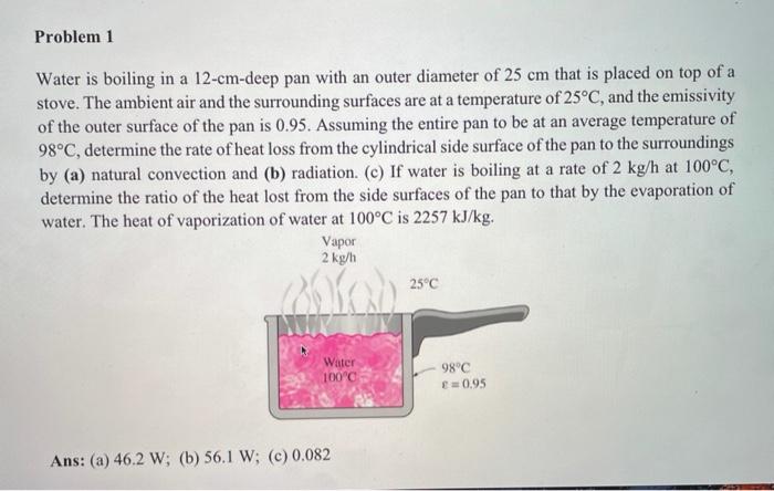 Solved Problem 1 Water is boiling in a 12-cm-deep pan with | Chegg.com