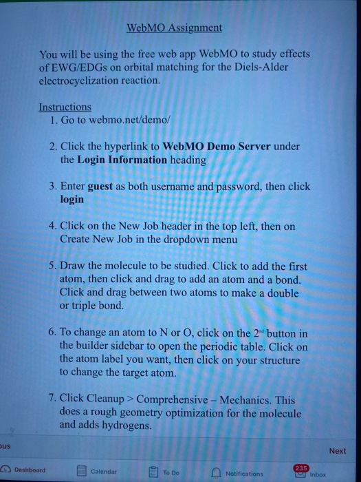 WebMO Assignment You will be using the free web app | Chegg.com