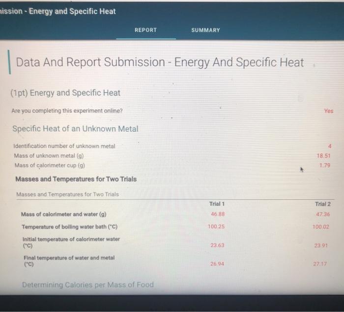 Solved ission - Energy and Specific Heat REPORT SUMMARY Data | Chegg.com