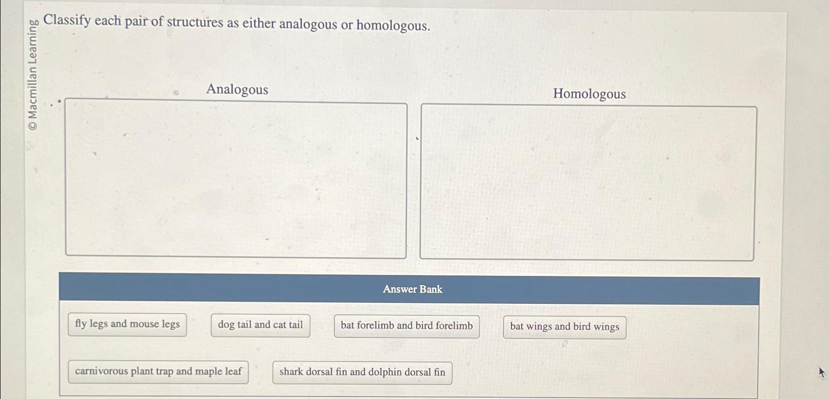 Solved Classify each pair of structures as either analogous | Chegg.com