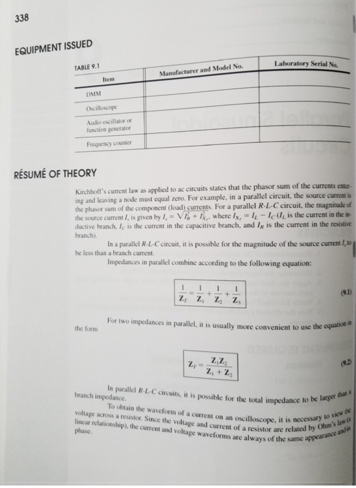 Instructor: EXPERIMENT ac Parallel Sinusoidal | Chegg.com