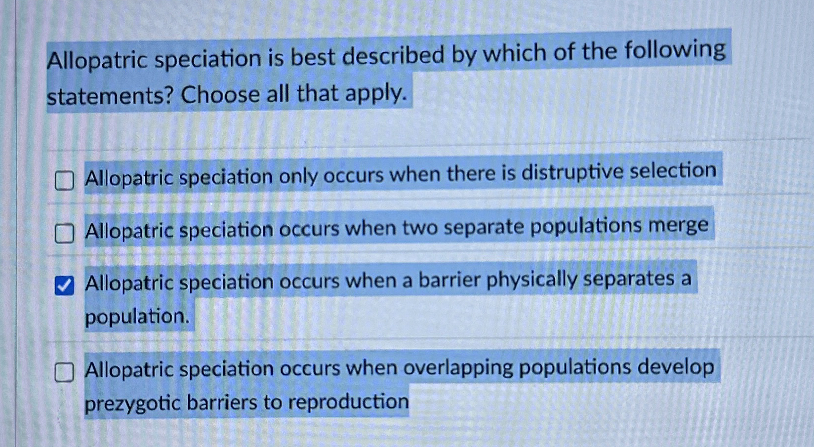 Solved Allopatric speciation is best described by which of | Chegg.com