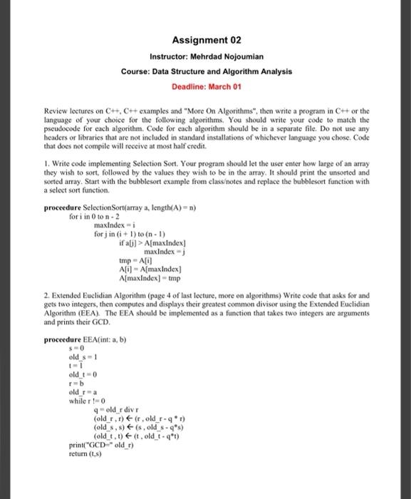 Solved Assignment 02 Instructor: Mehrdad Nojoumian Course: | Chegg.com