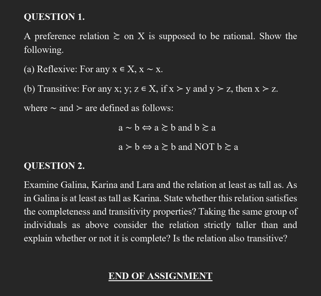 Solved QUESTION 1. A preference relation \\( \\succsim \\) | Chegg.com