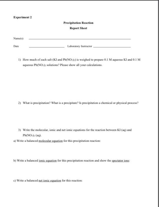 Solved Experiment 2 Precipitation Reaction Report Sheet | Chegg.com